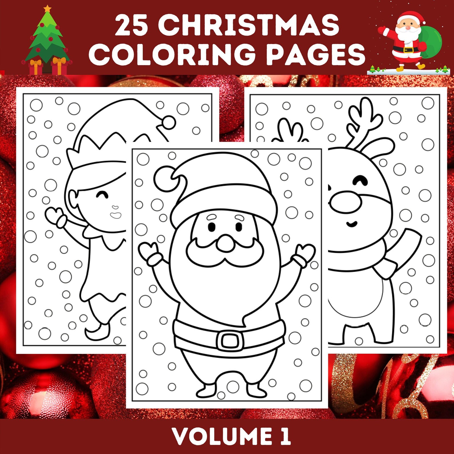 25 Kids Christmas Coloring Pages Bundle Vol. 1, Santa Claus, Snowmen ...