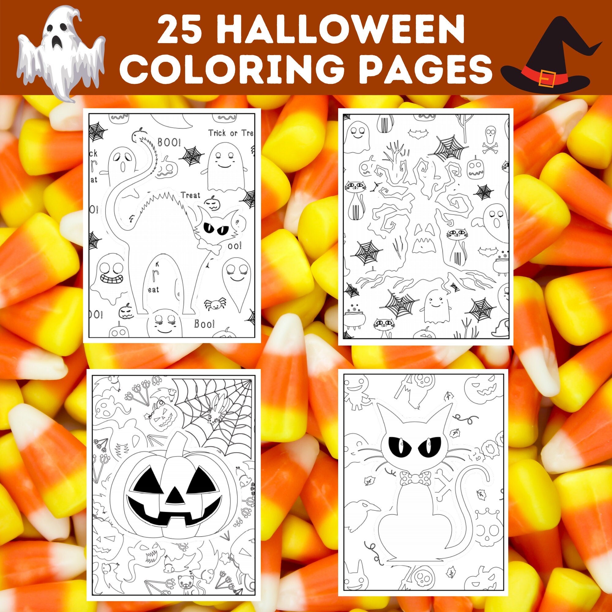 25 Kids Halloween Coloring Pages Bundle, Ghosts, Witches, Jackolanterns ...