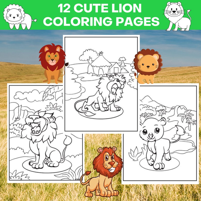 12 Printable Lion Coloring Pages Bundle Cute Lion Printable - Etsy