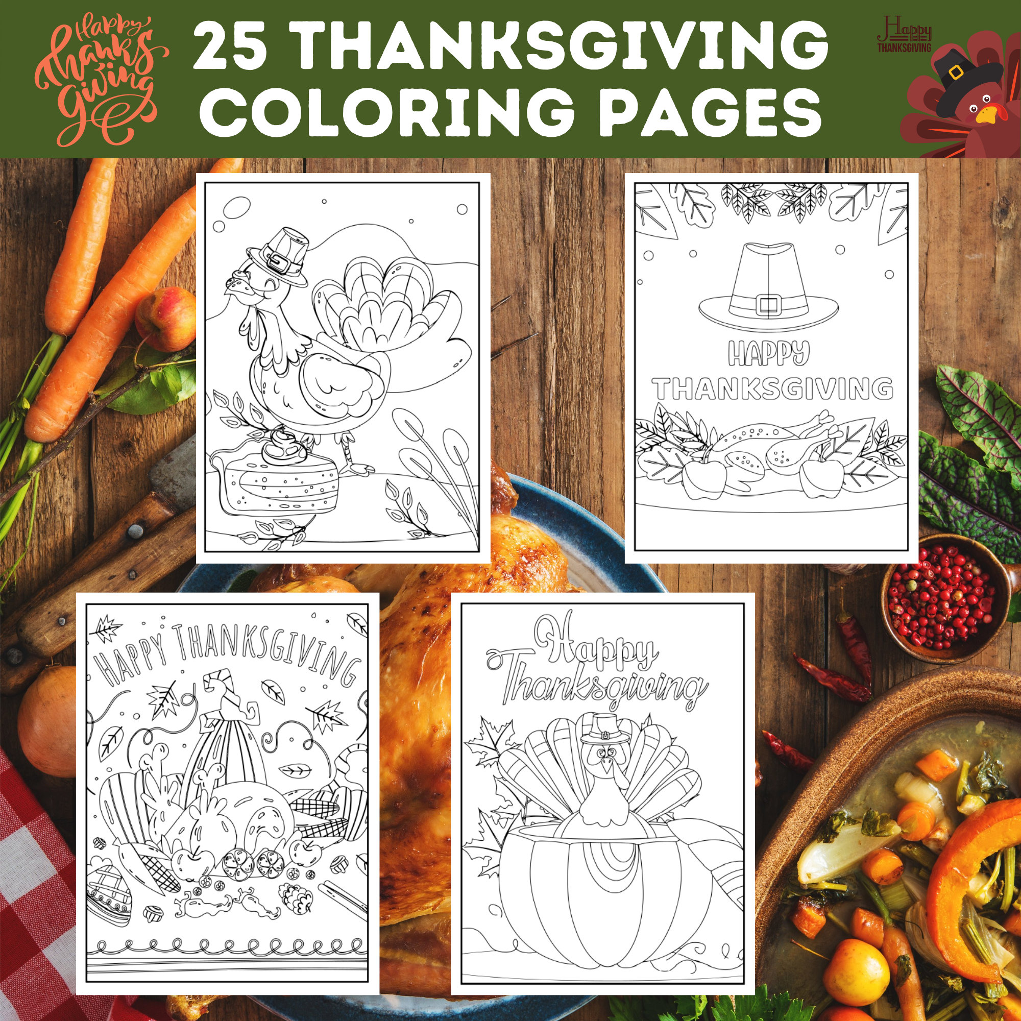25 Thanksgiving Coloring Page Bundle, Thanksgiving Holiday Give Thanks ...