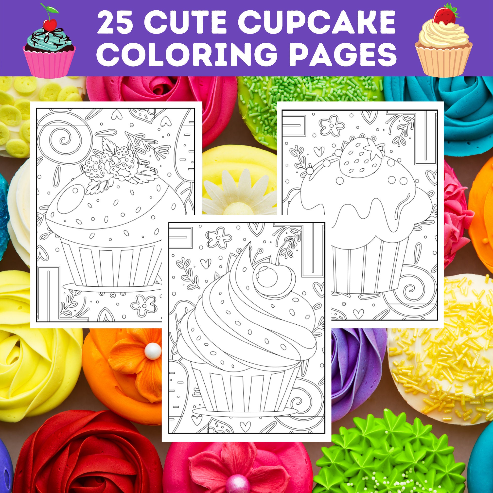 25 Cute Cupcake Coloring Pages Bundle, Sweets, Desserts, Cupcakes to ...