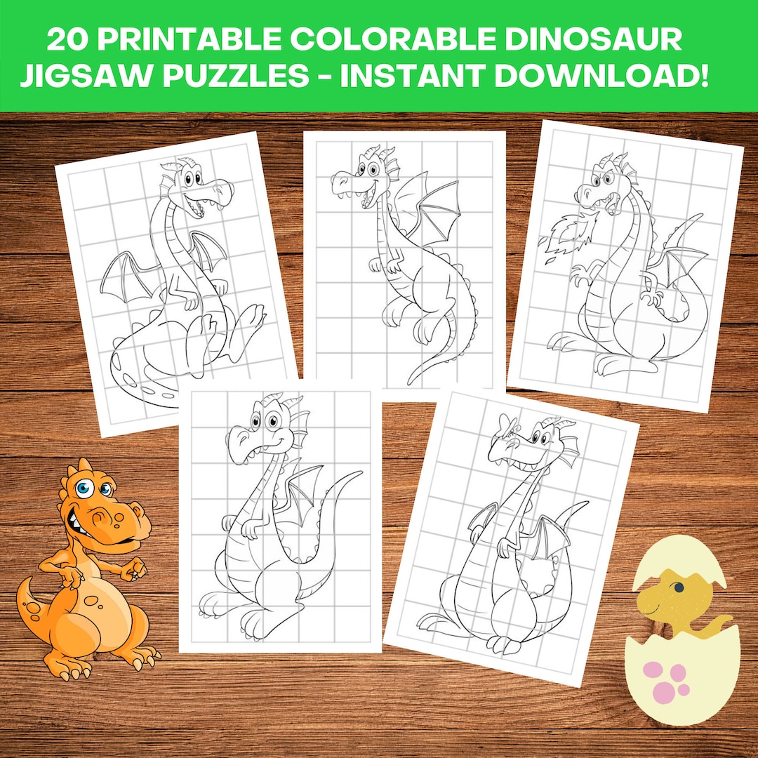 20 Printable Colorable Dinosaur Jigsaw Puzzles Bundle, Each Jigsaw Has ...