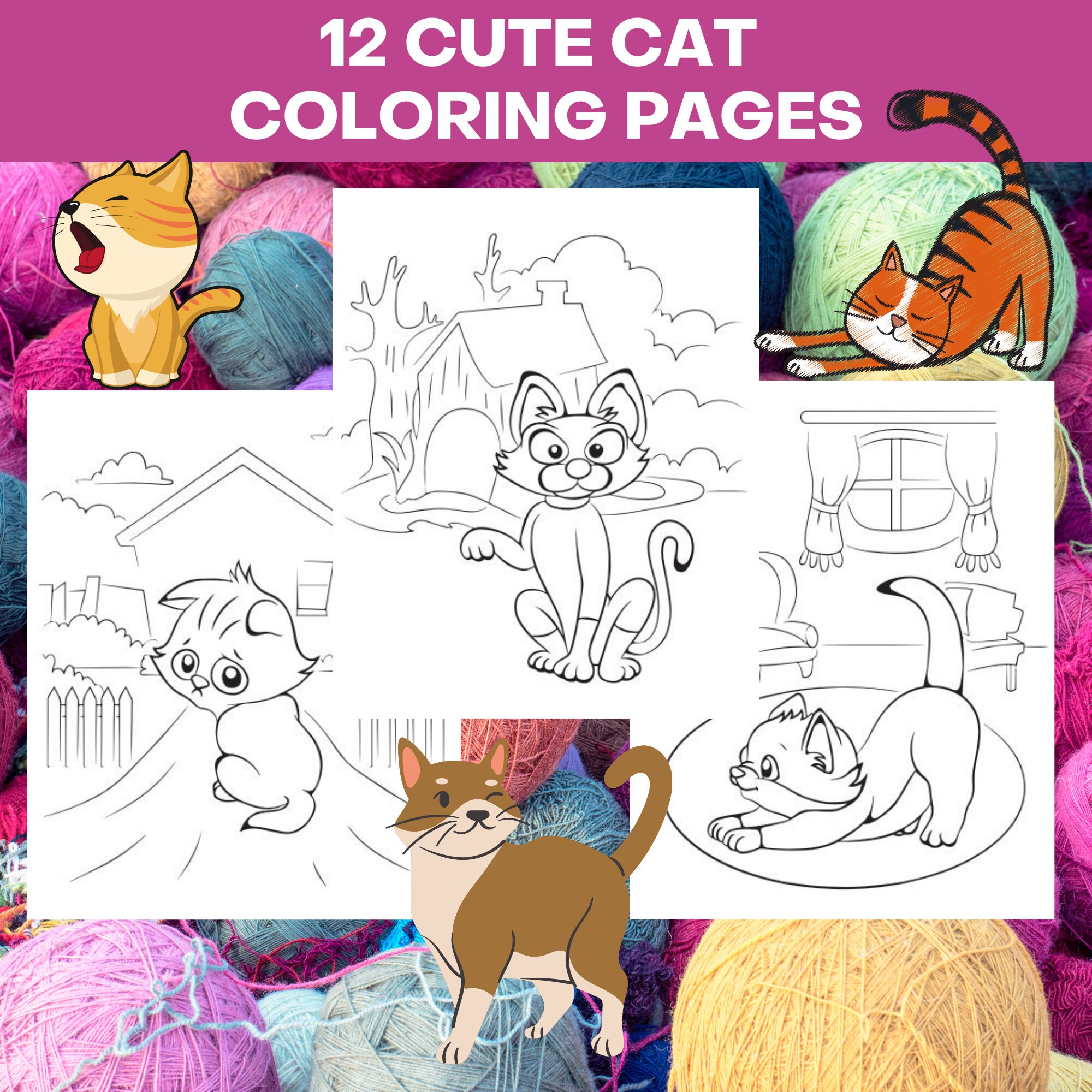 12 Printable Cat Coloring Pages Bundle, Cute Cat Printable, Kitten ...