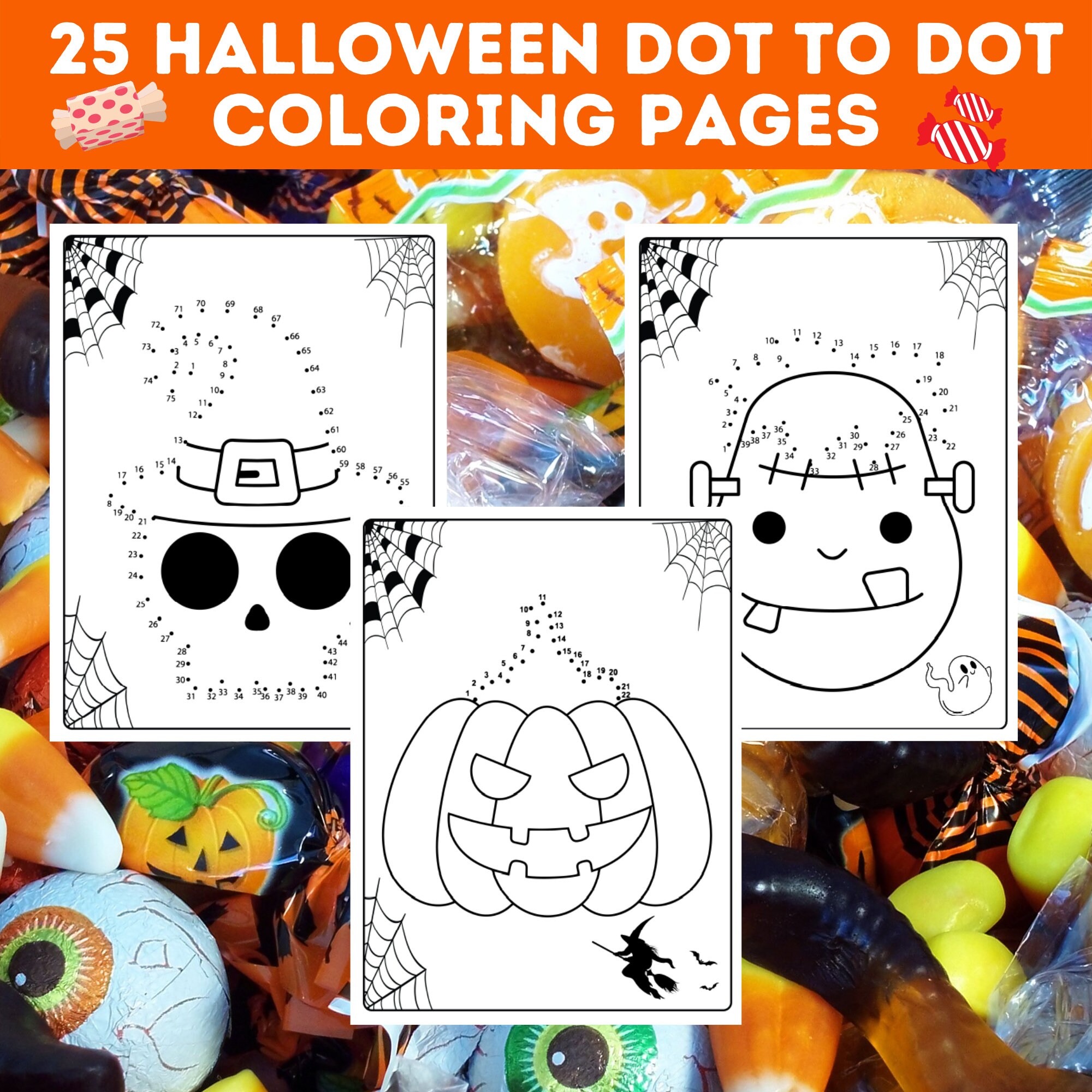 25 Kids Halloween Dot to Dot Coloring Pages Bundle, Ghosts, Witches ...