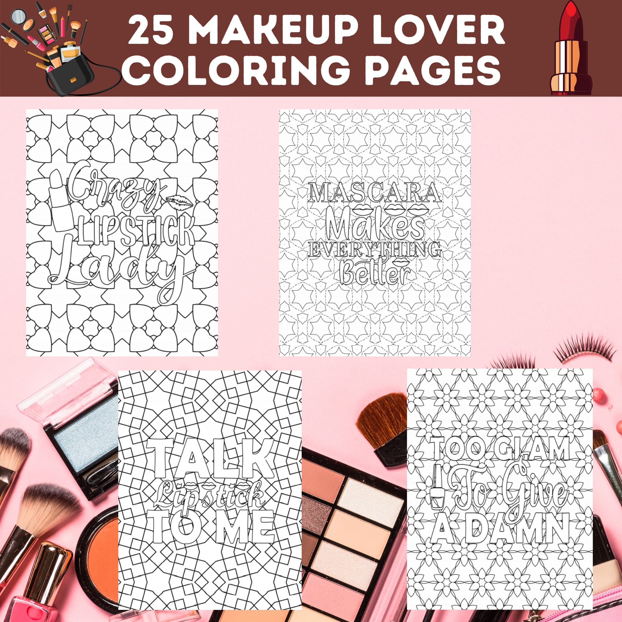 25 Makeup Lover Coloring Pages Bundle, Glamour Makeup Printable ...