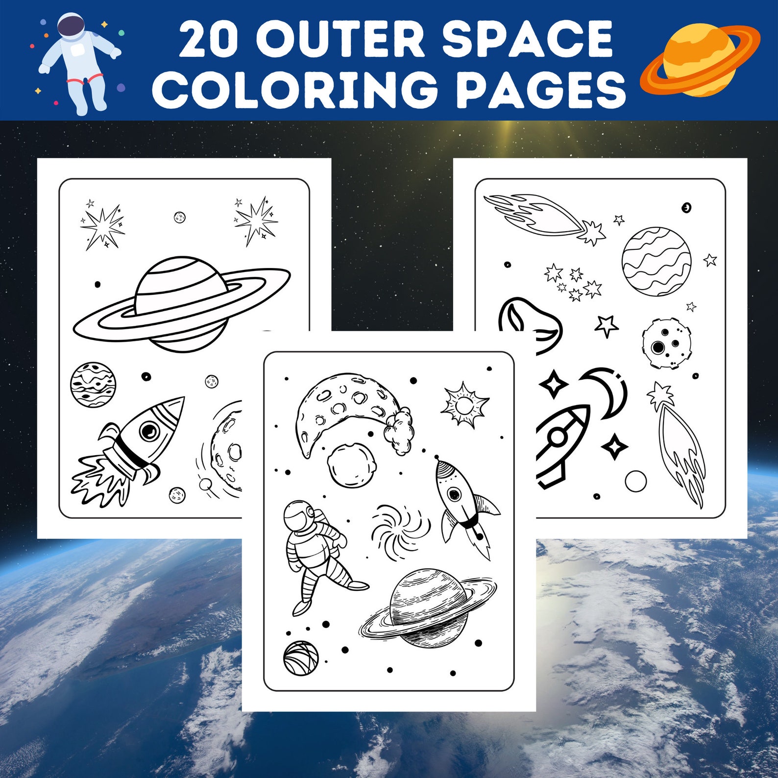 20 Outer Space Coloring Pages Bundle, Rockets, Planets, Stars ...