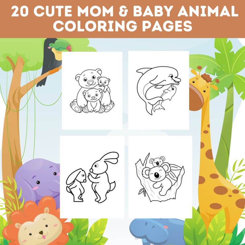 20 Cute Mom and Baby Animal Coloring Pages Bundle, Cute Baby Animal ...