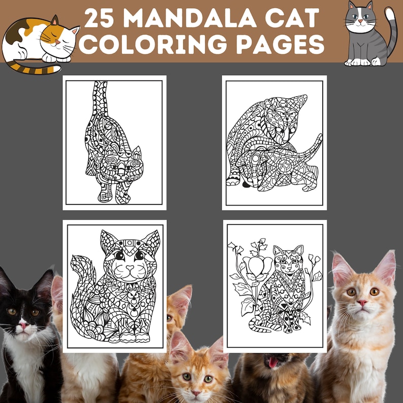 25 Mandala Cat Coloring Page Bundle, Kitten Printables to Color ...