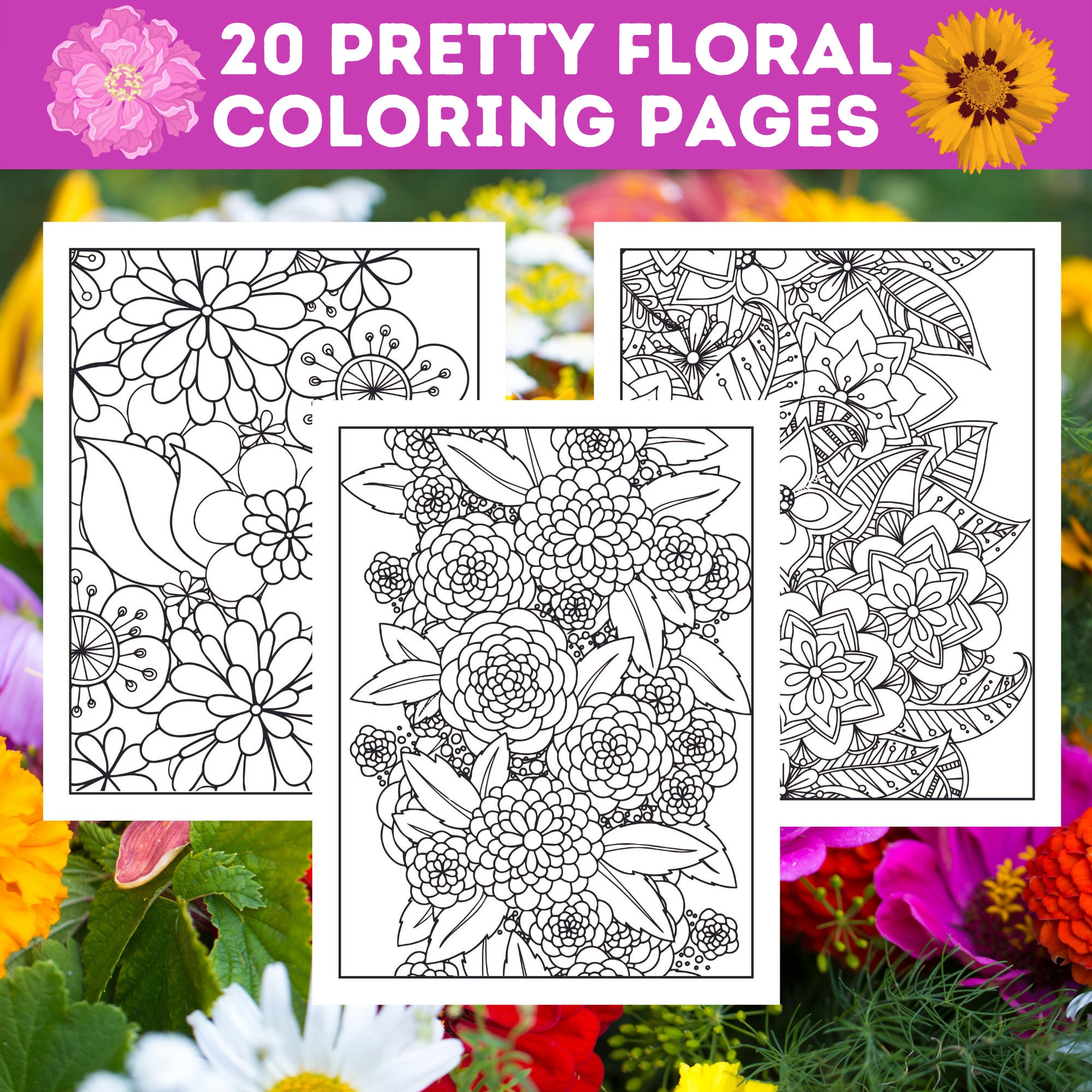20 Pretty Floral Coloring Pages Bundle, Beautiful Flowers Coloring Book ...