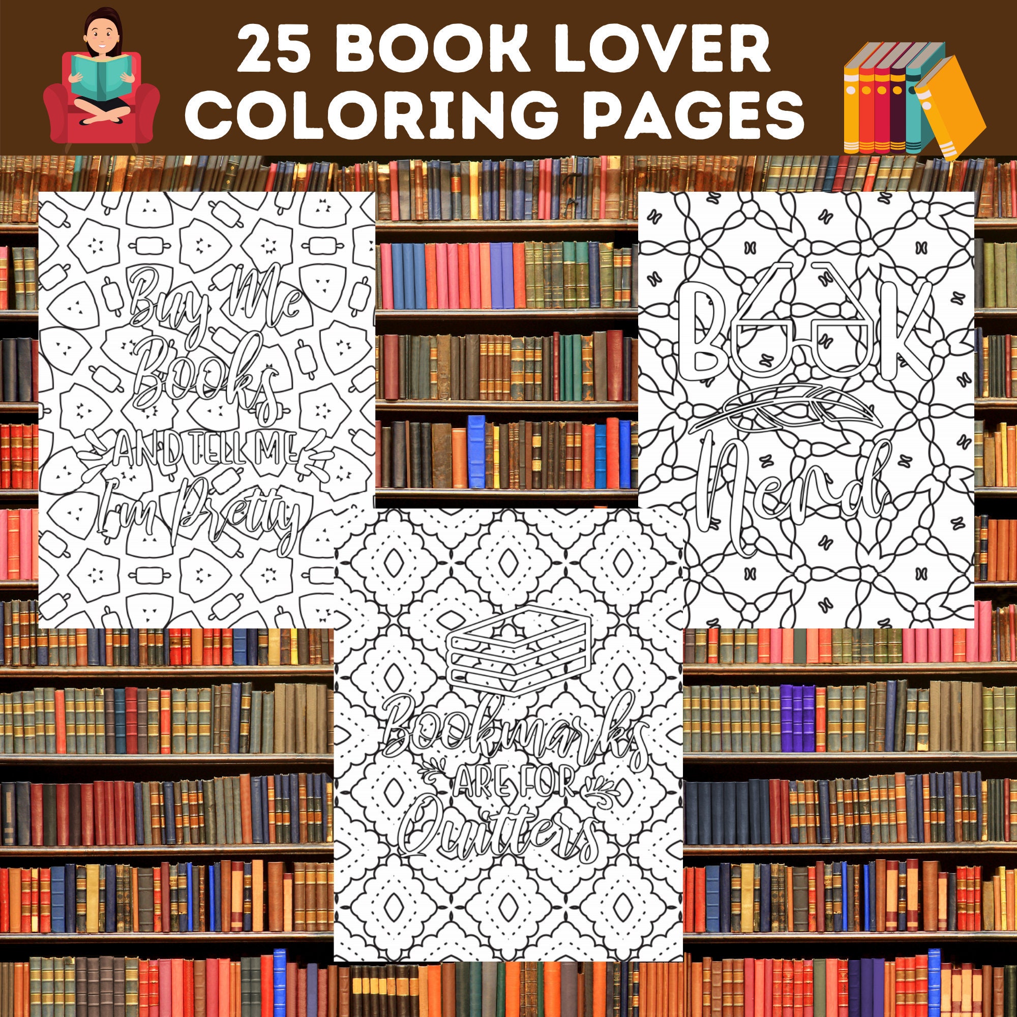 25 Book Lover Coloring Pages Bundle, I Love to Read Books Printable ...