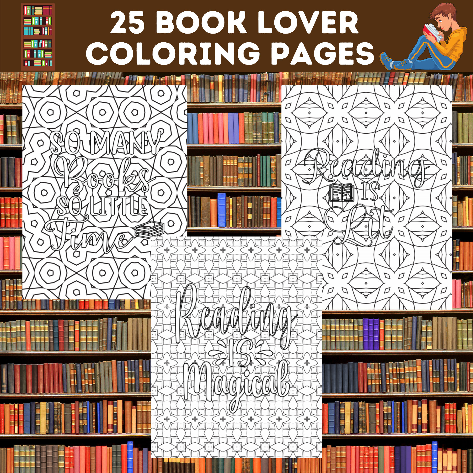 25 Book Lover Coloring Pages Bundle, I Love to Read Books Printable ...