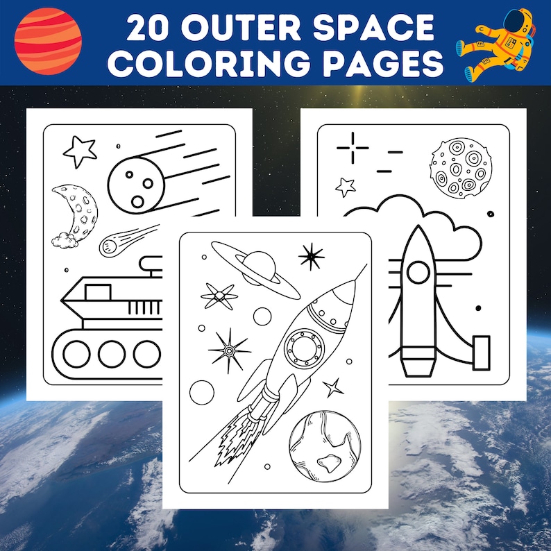 20 Outer Space Coloring Pages Bundle, Rockets, Planets, Stars ...