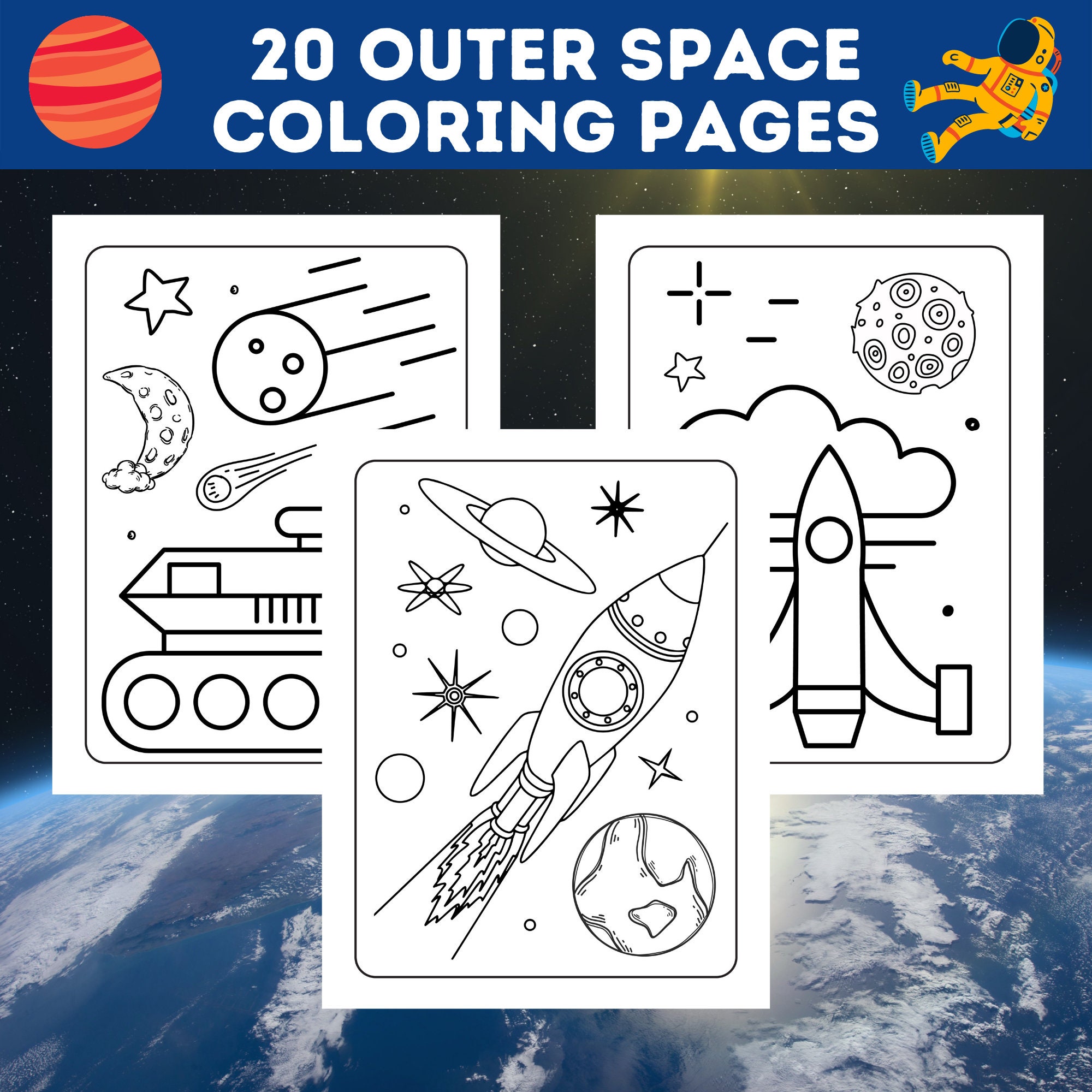 20 Outer Space Coloring Pages Bundle, Rockets, Planets, Stars ...