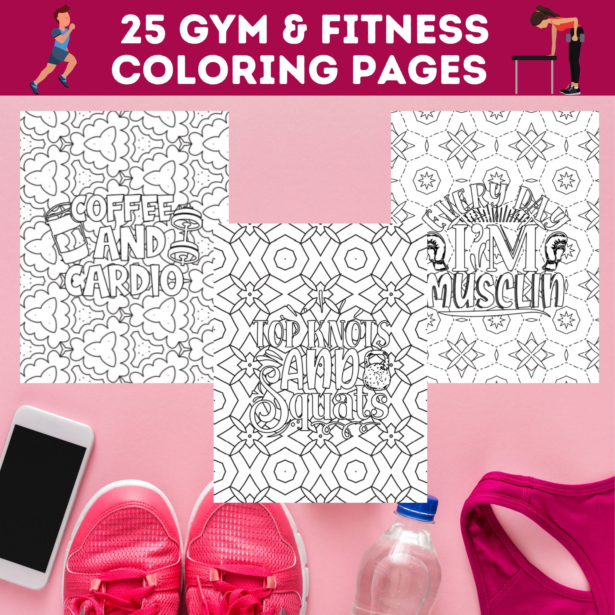 25 Printable Gym and Fitness Coloring Pages Bundle, Funny and ...