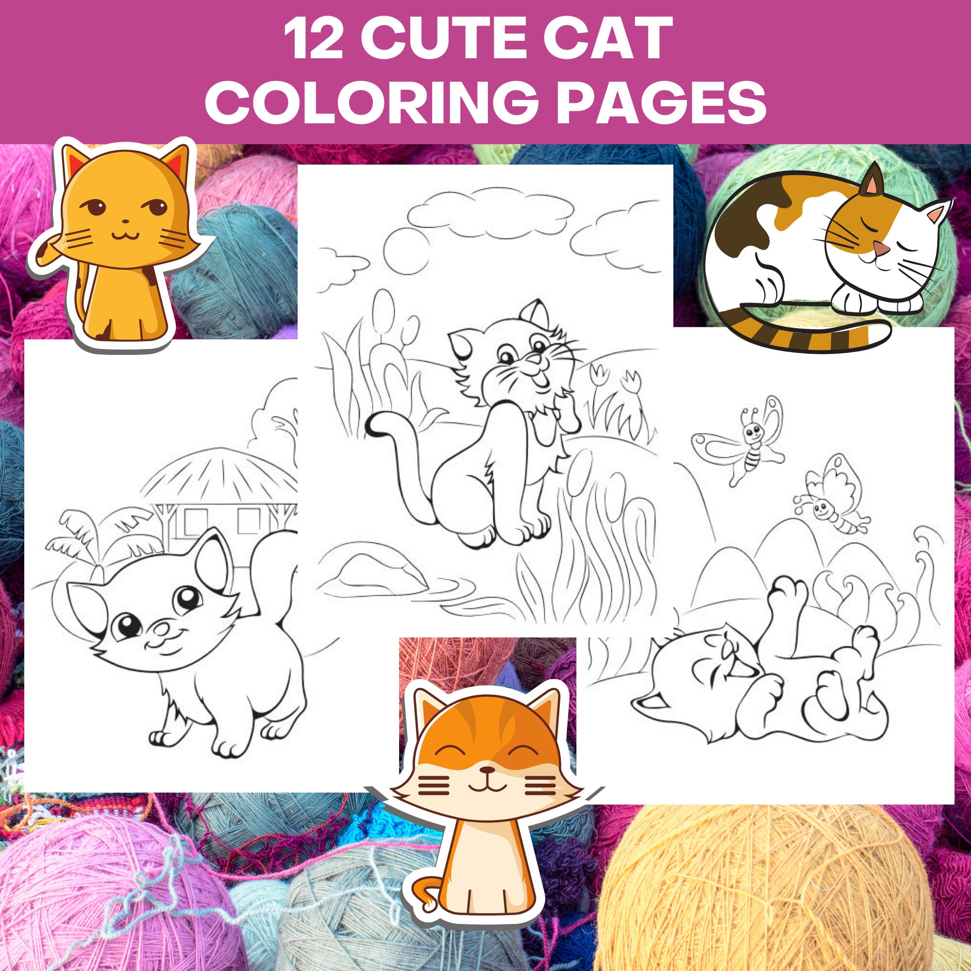 12 Printable Cat Coloring Pages Bundle, Cute Cat Printable, Kitten ...