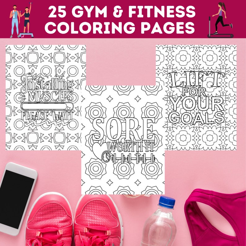 25 Printable Gym and Fitness Coloring Pages Bundle, Funny and ...