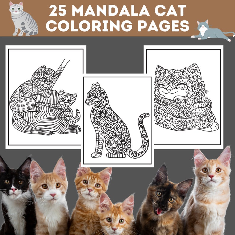 25 Mandala Cat Coloring Page Bundle, Kitten Printables to Color ...