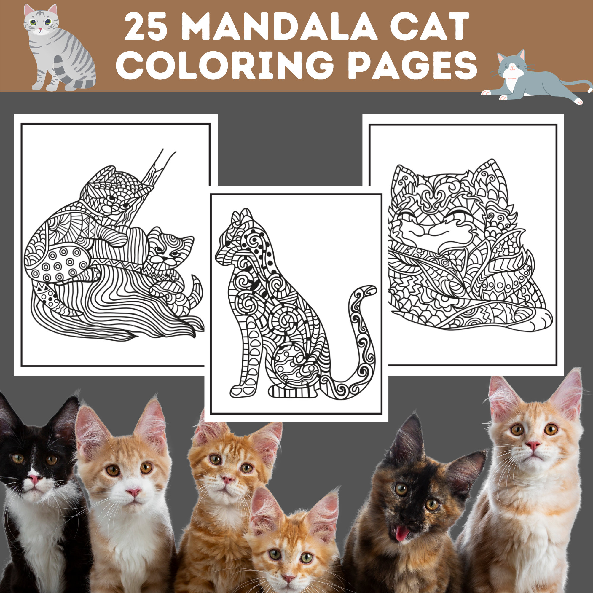 25 Mandala Cat Coloring Page Bundle, Kitten Printables to Color ...