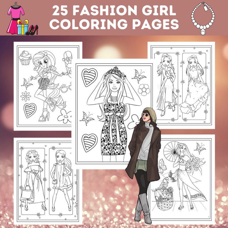 25 Fashion Girl Coloring Pages Bundle, Fashionista Girl Printables ...
