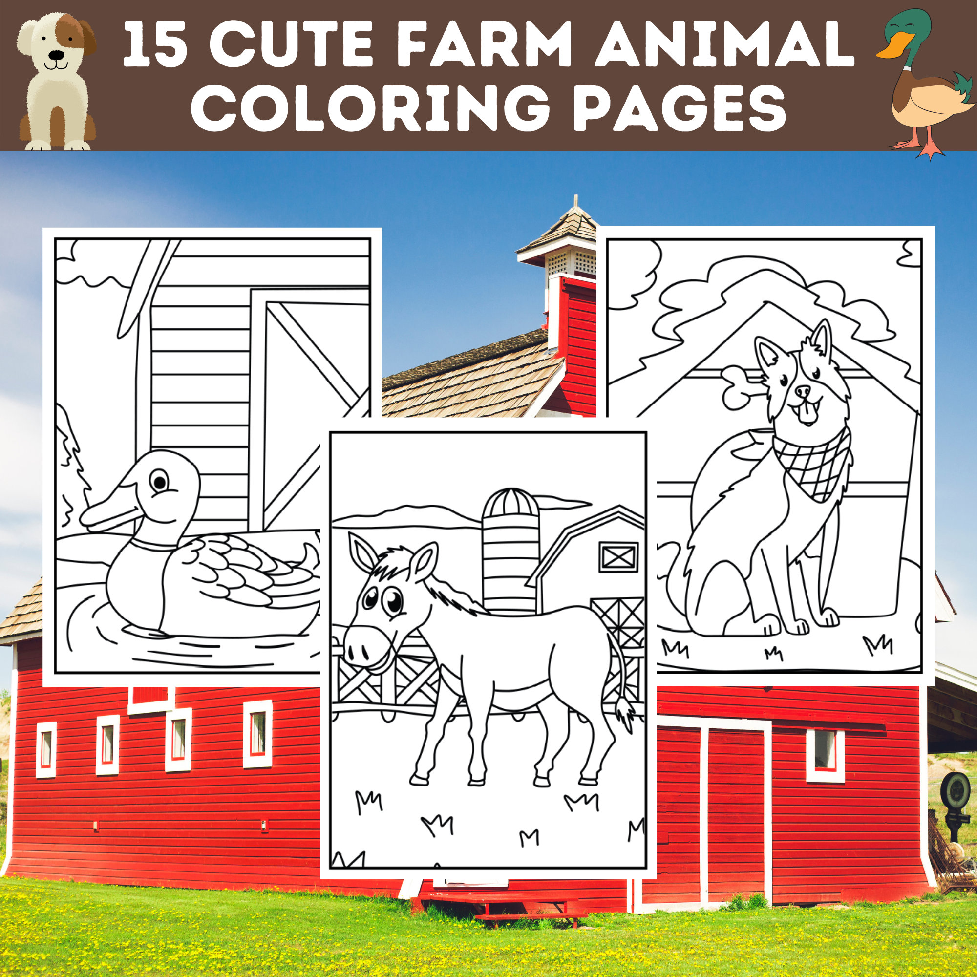 15 Cute Farm Animal Kids Coloring Pages Bundle, Cow, Horse, Pig, Goat ...