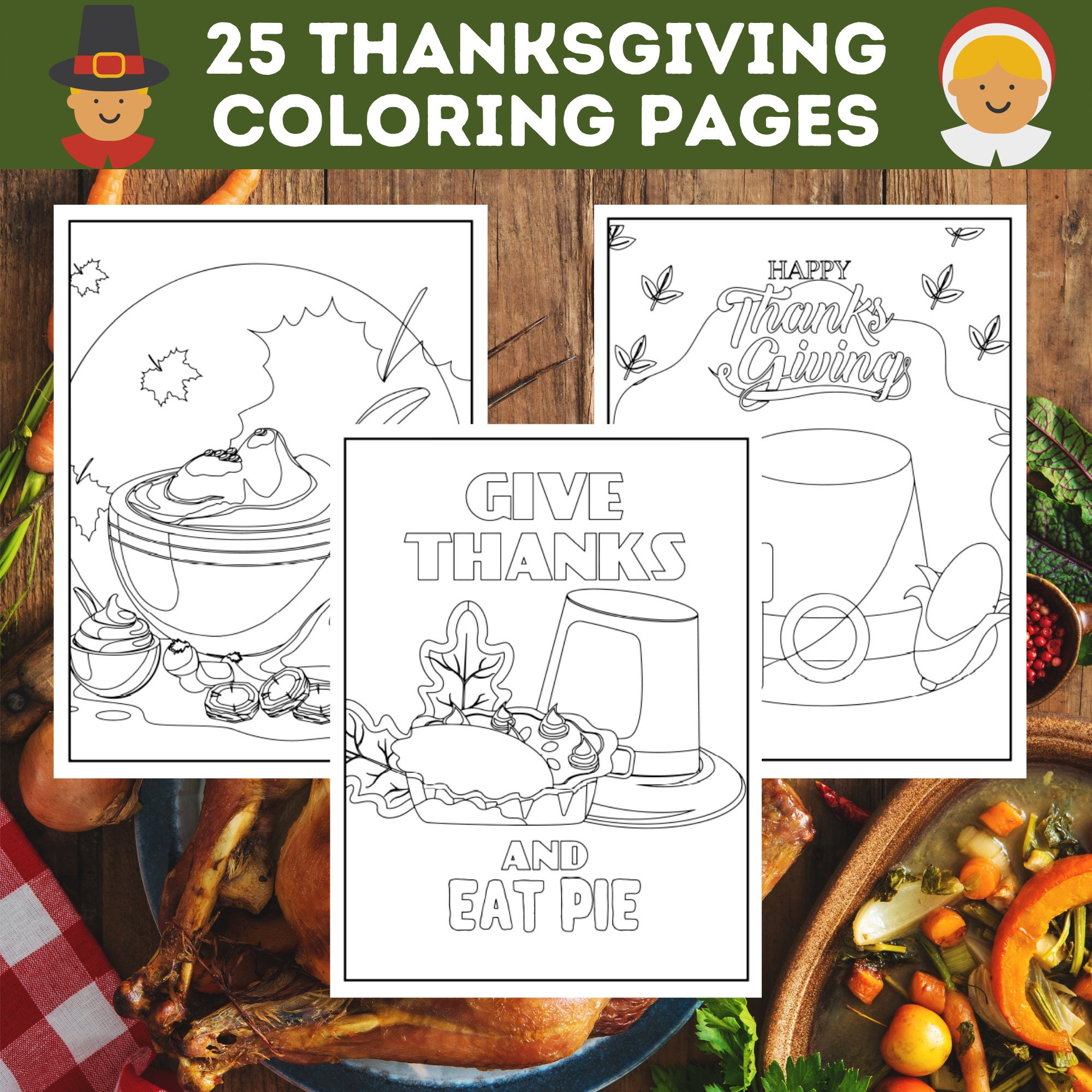 25 Thanksgiving Coloring Page Bundle, Thanksgiving Holiday Give Thanks ...