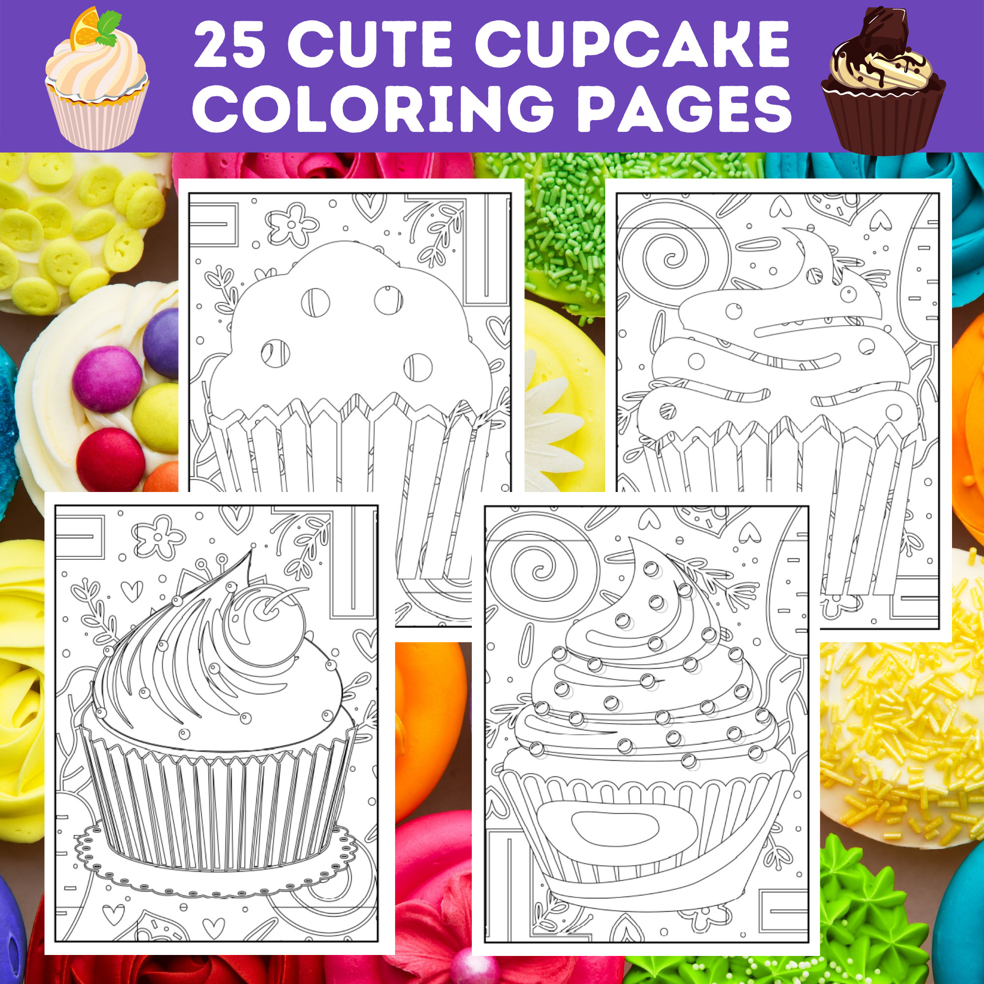 25 Cute Cupcake Coloring Pages Bundle, Sweets, Desserts, Cupcakes to ...