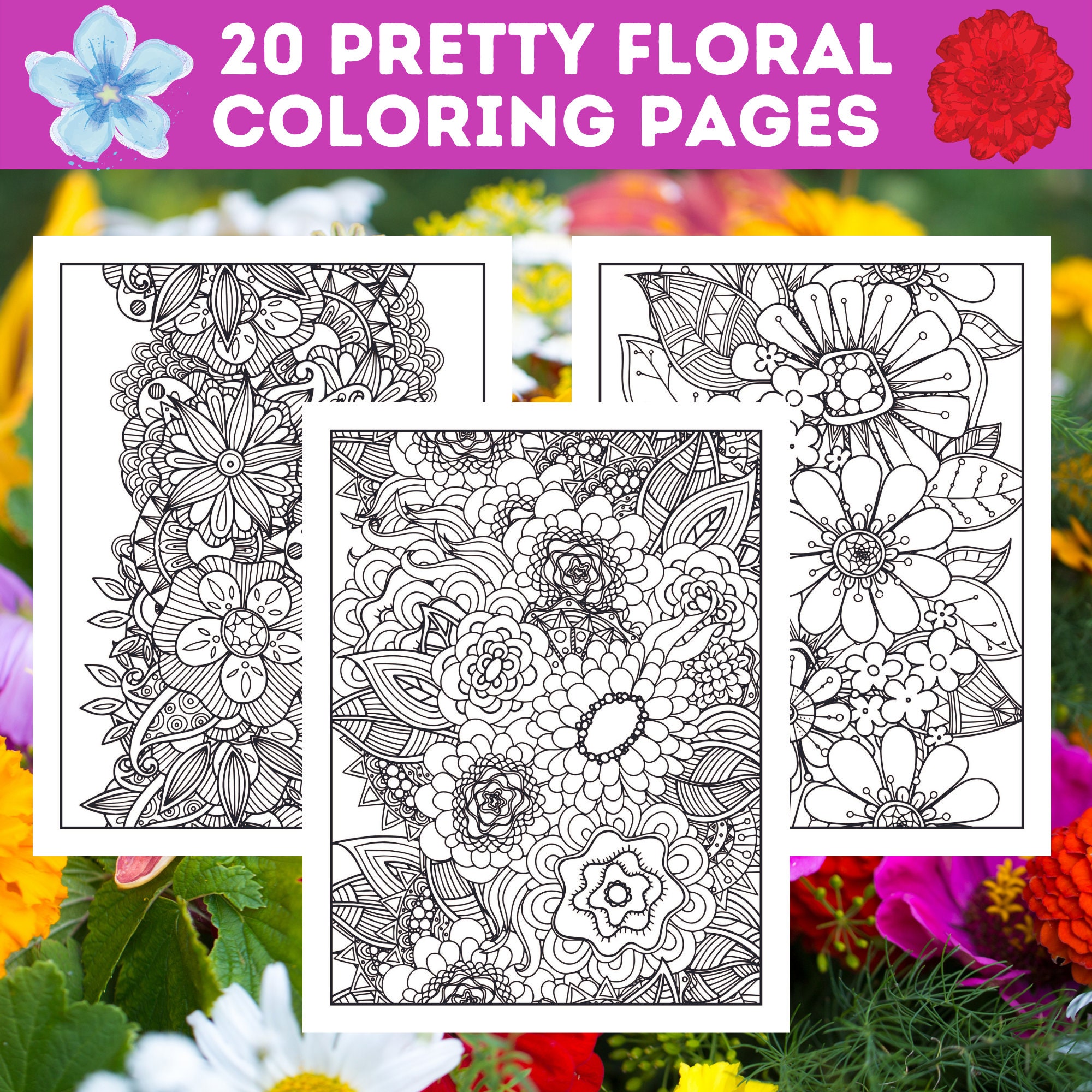 20 Pretty Floral Coloring Pages Bundle, Beautiful Flowers Coloring Book ...