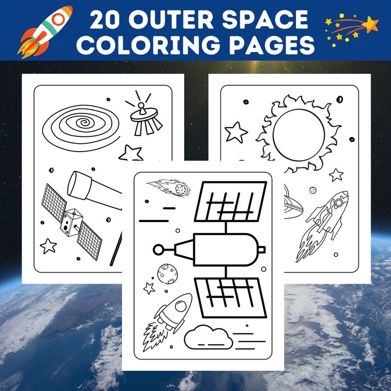 20 Outer Space Coloring Pages Bundle, Rockets, Planets, Stars ...