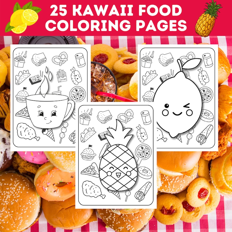 25 Cute Kawaii Food Coloring Pages Bundle, Sweets, Desserts, Cakes to ...