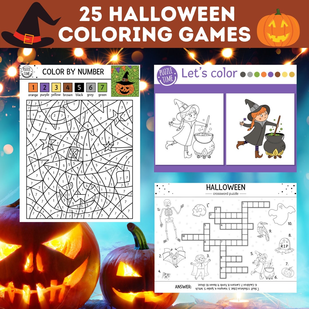 25 Kids Halloween Coloring Games Bundle, Color by Number, Crossword ...