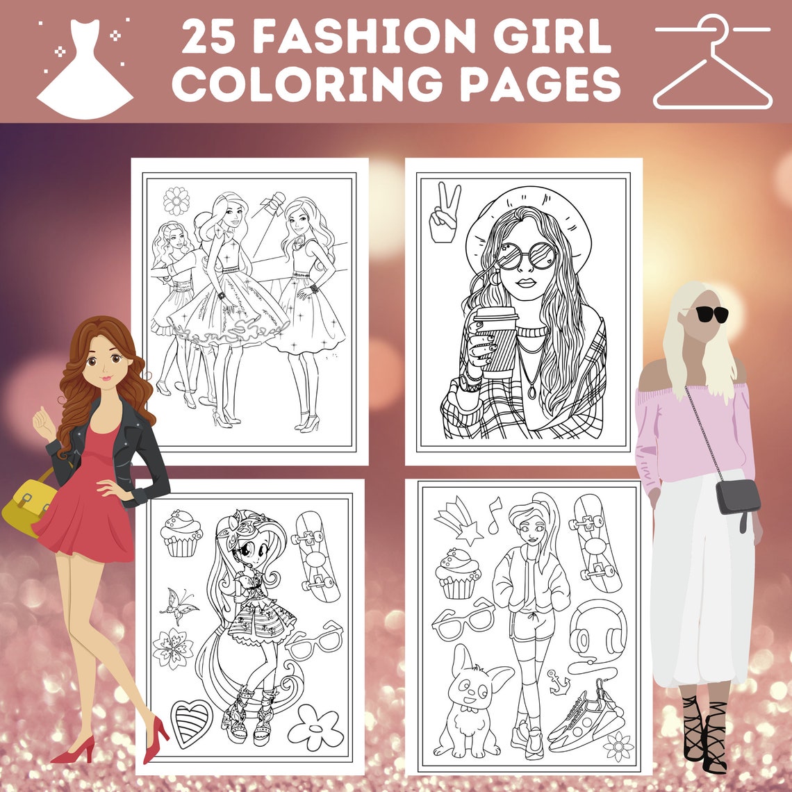 25 Fashion Girl Coloring Pages Bundle, Fashionista Girl Printables ...