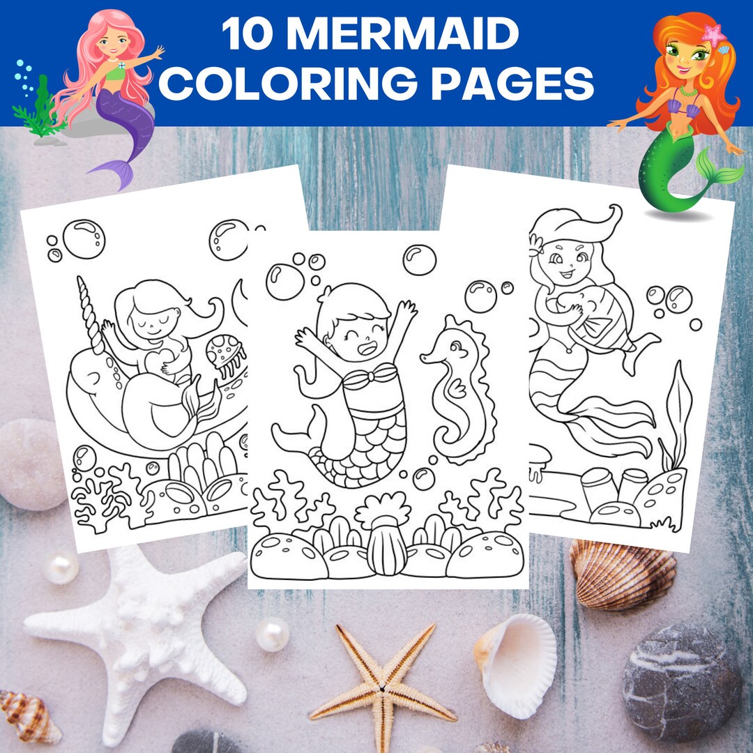 10 Printable Mermaid Coloring Pages Bundle, Cute Mermaid Printable ...