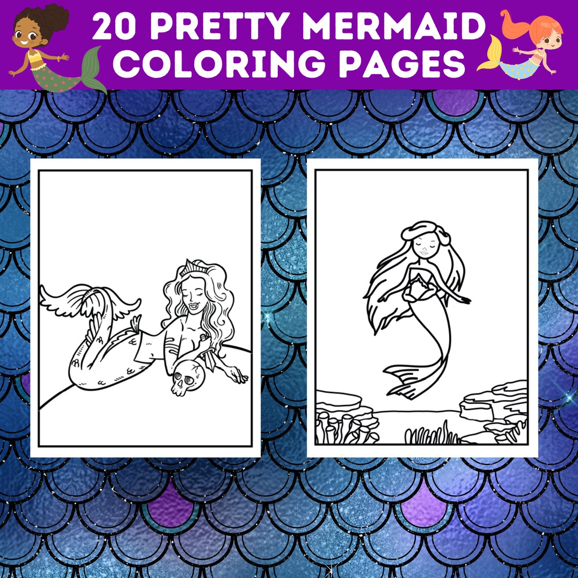 20 Pretty Mermaid Coloring Pages Bundle for Kids Cute Mermaid - Etsy