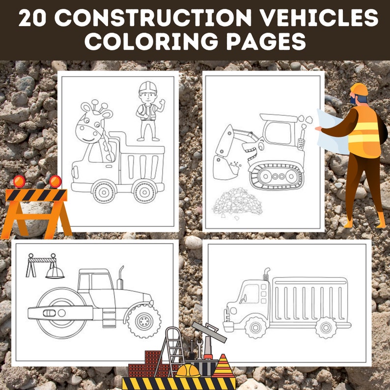 20 Construction Vehicle Coloring Pages Bundle, Construction Vehicles ...