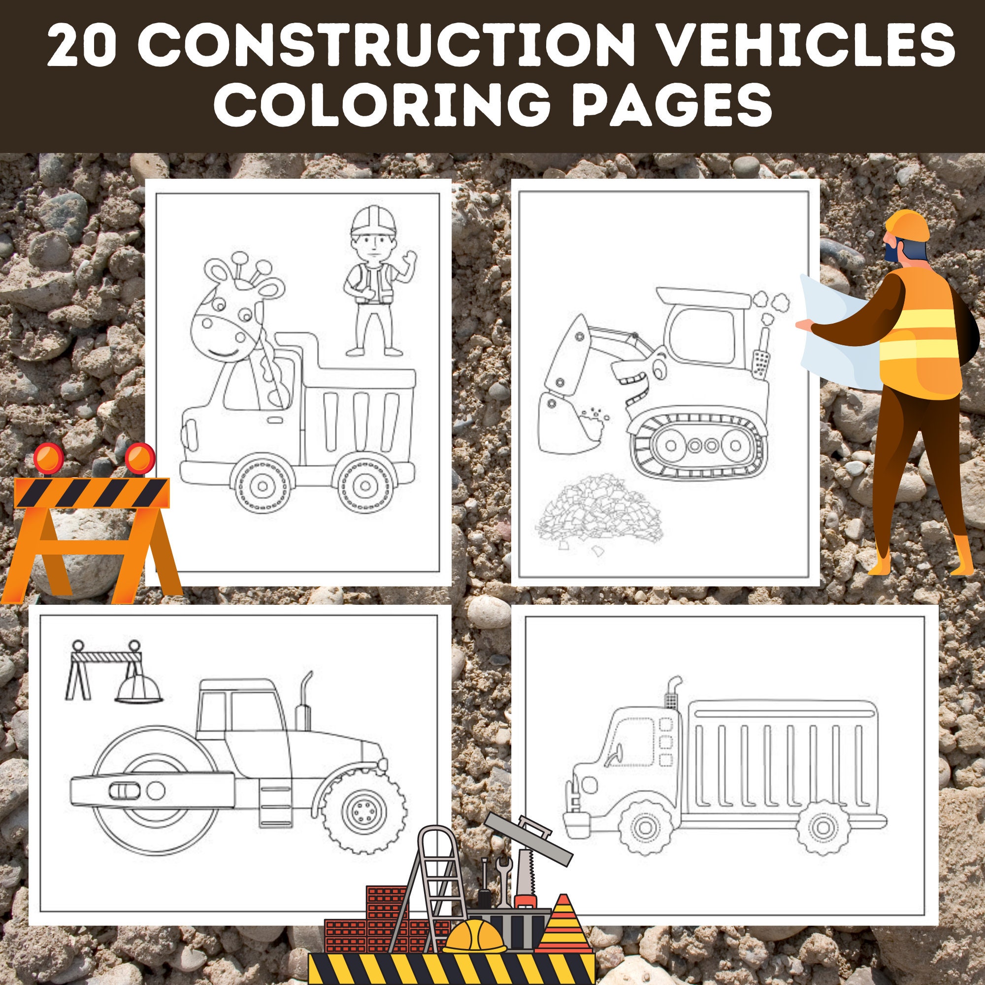 20 Construction Vehicle Coloring Pages Bundle, Construction Vehicles ...