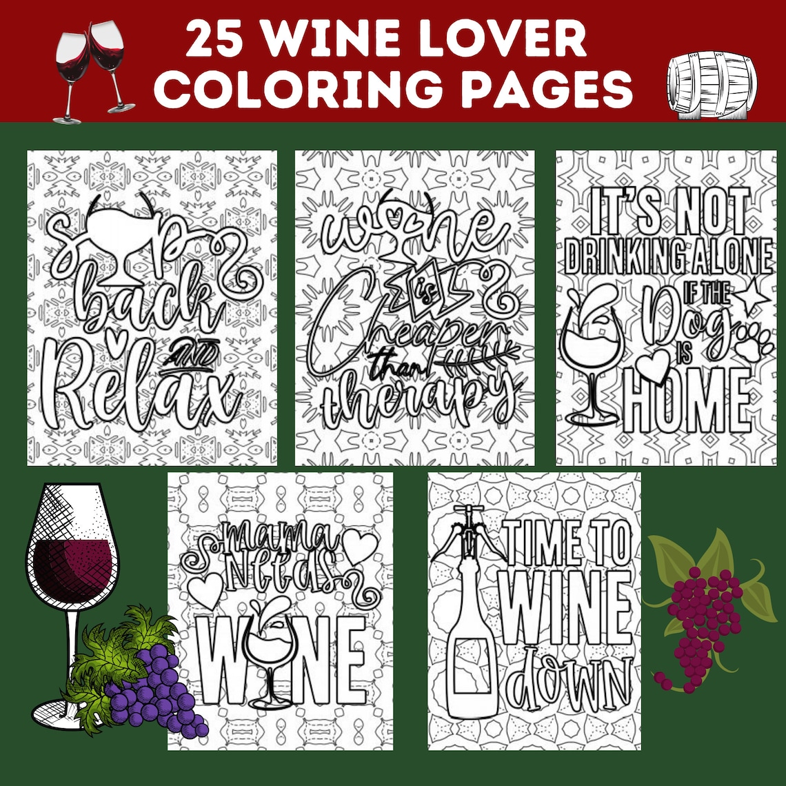 25 Printable Wine Lover Coloring Pages Bundle, Wine Lover Quote ...
