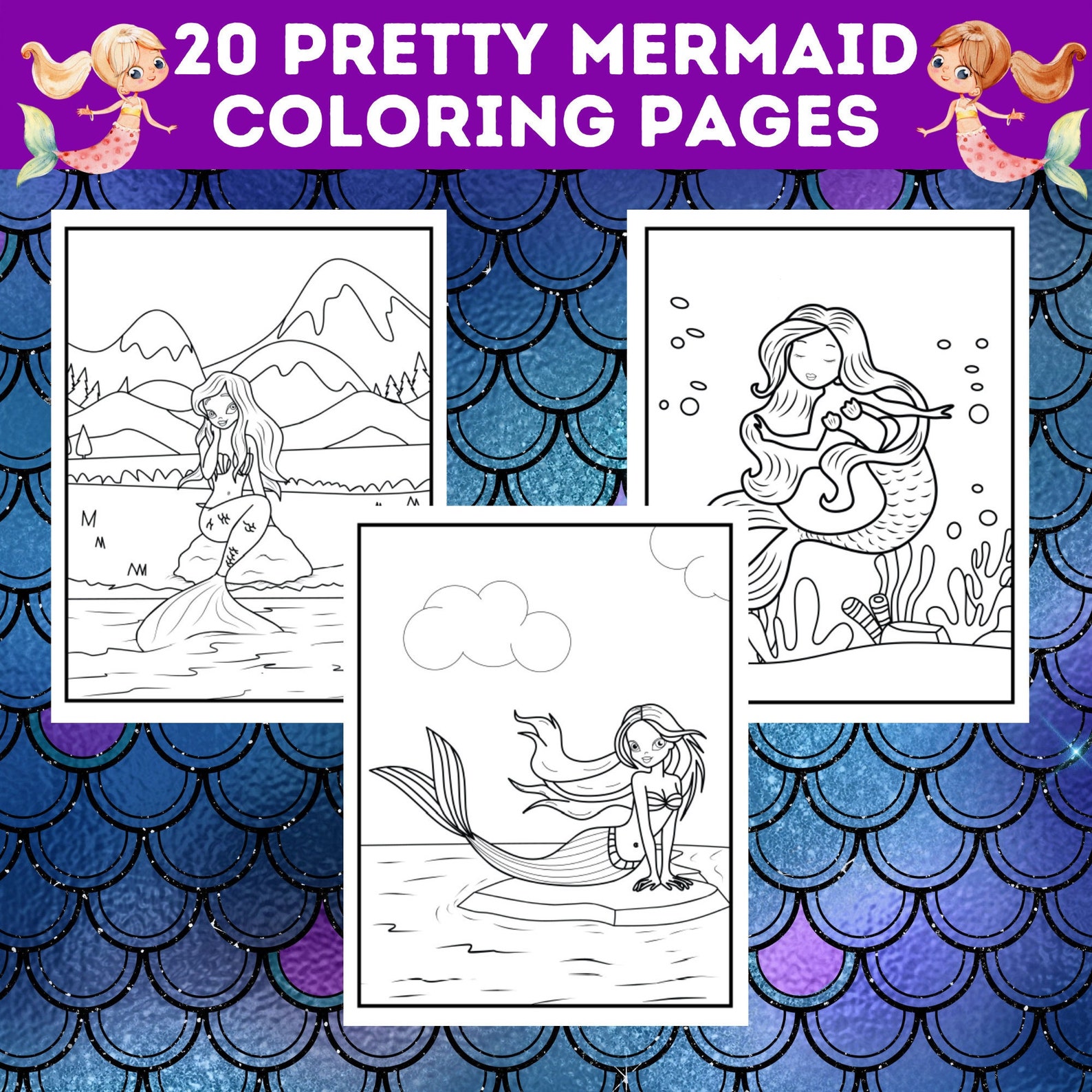 20 Pretty Mermaid Coloring Pages Bundle for Kids Cute Mermaid | Etsy
