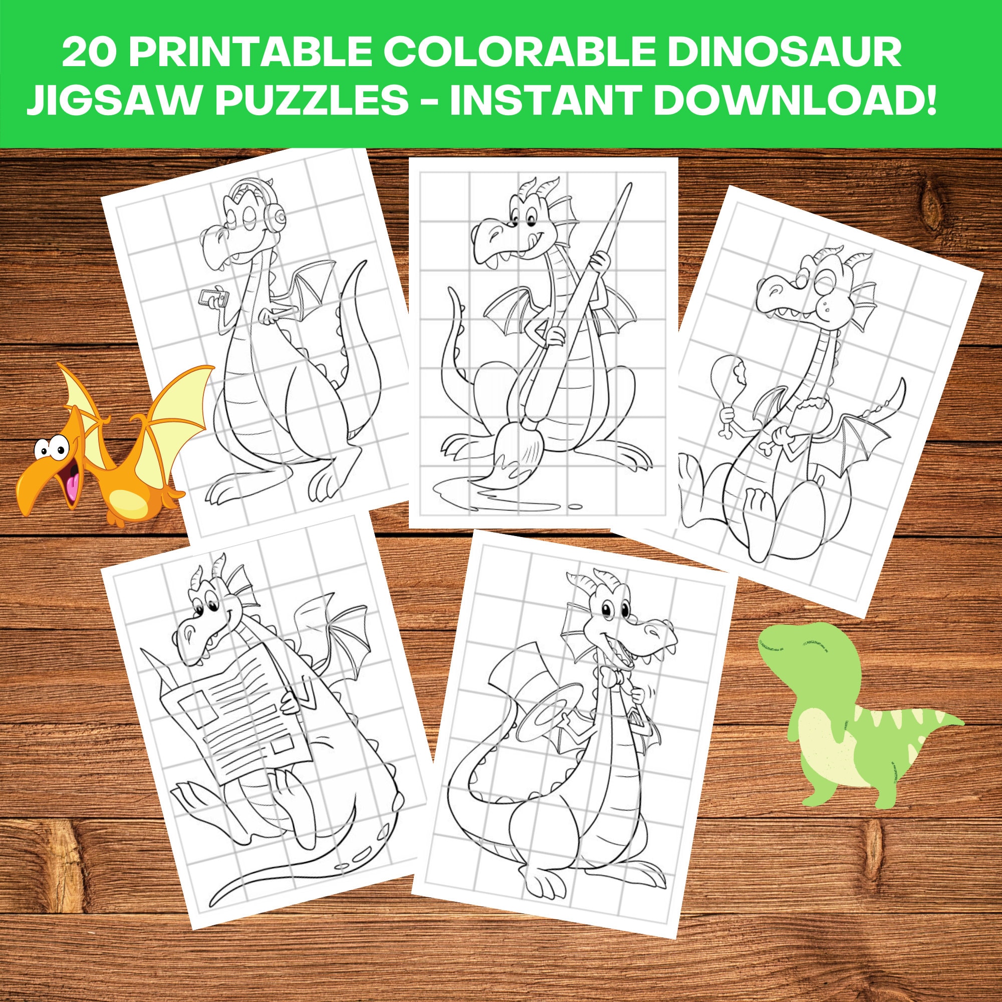 20 Printable Colorable Dinosaur Jigsaw Puzzles Bundle, Each Jigsaw Has ...