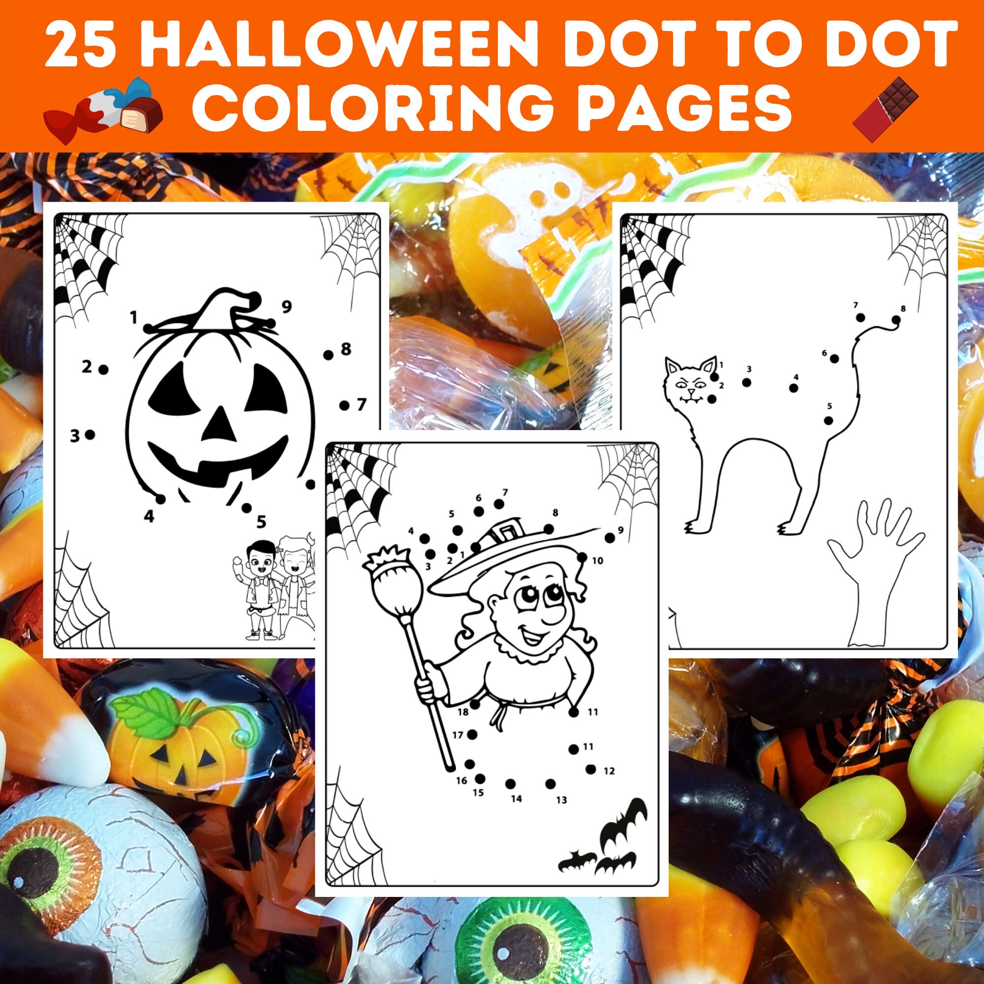 25 Kids Halloween Dot to Dot Coloring Pages Bundle, Ghosts, Witches ...