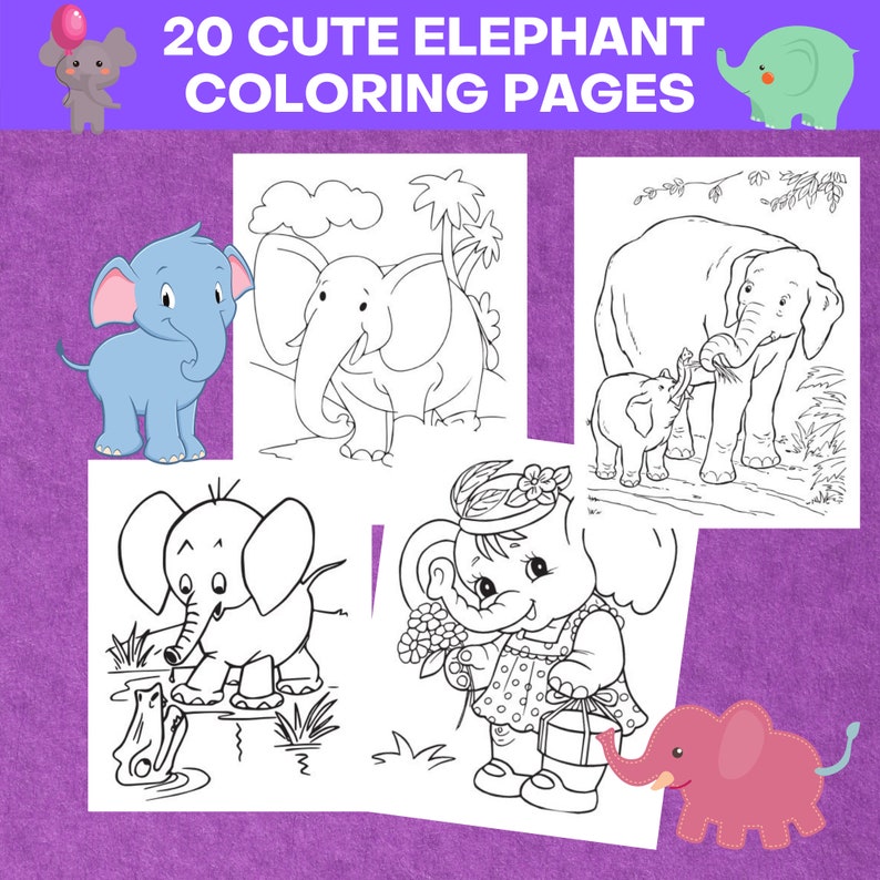 20 Printable Elephant Coloring Pages Bundle, Cute Elephant Printables ...