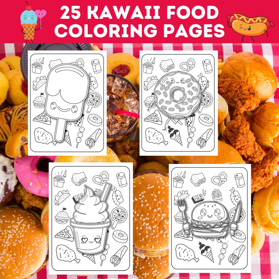 25 Cute Kawaii Food Coloring Pages Bundle Sweets Desserts - Etsy Ireland