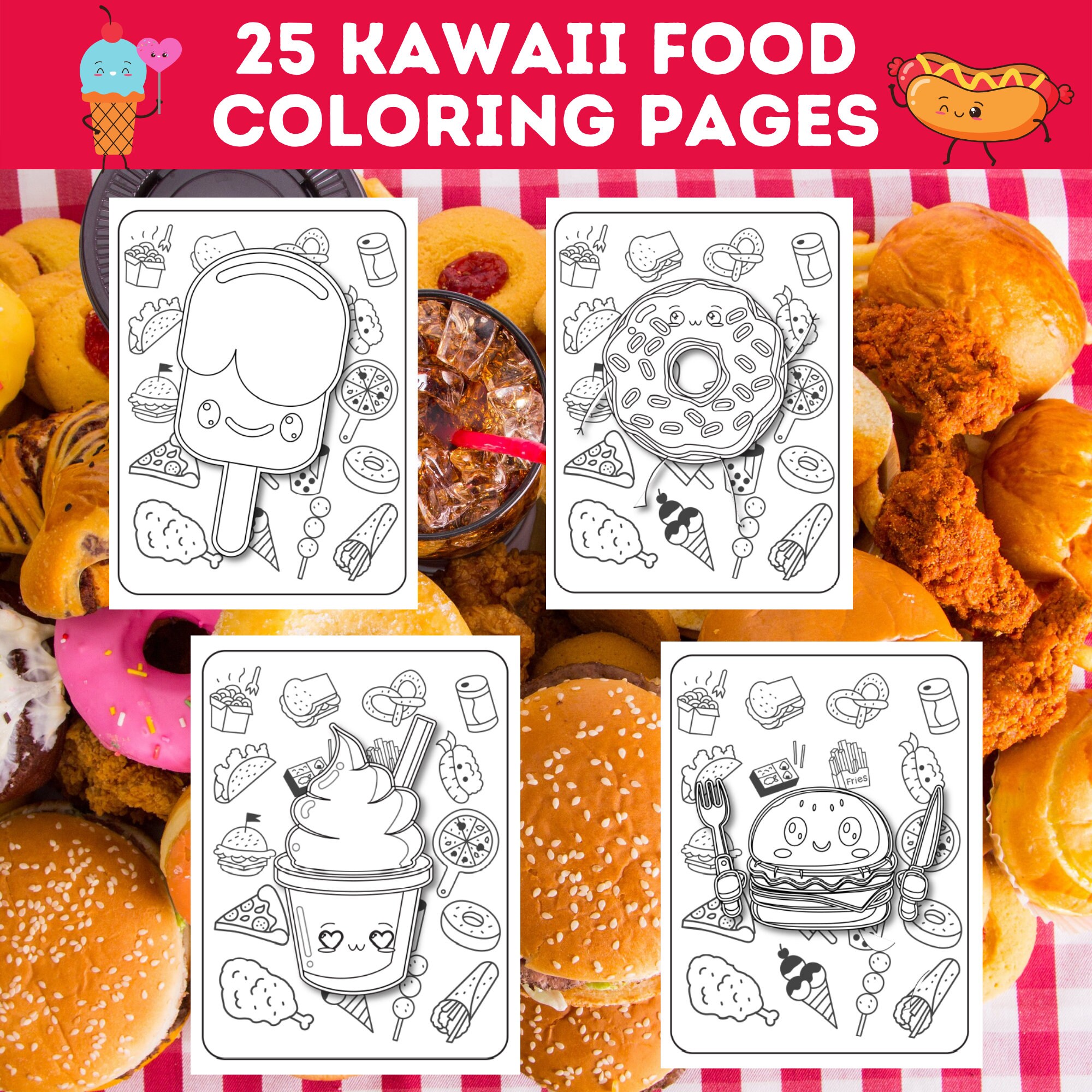 25 Cute Kawaii Food Coloring Pages Bundle, Sweets, Desserts, Cakes to ...