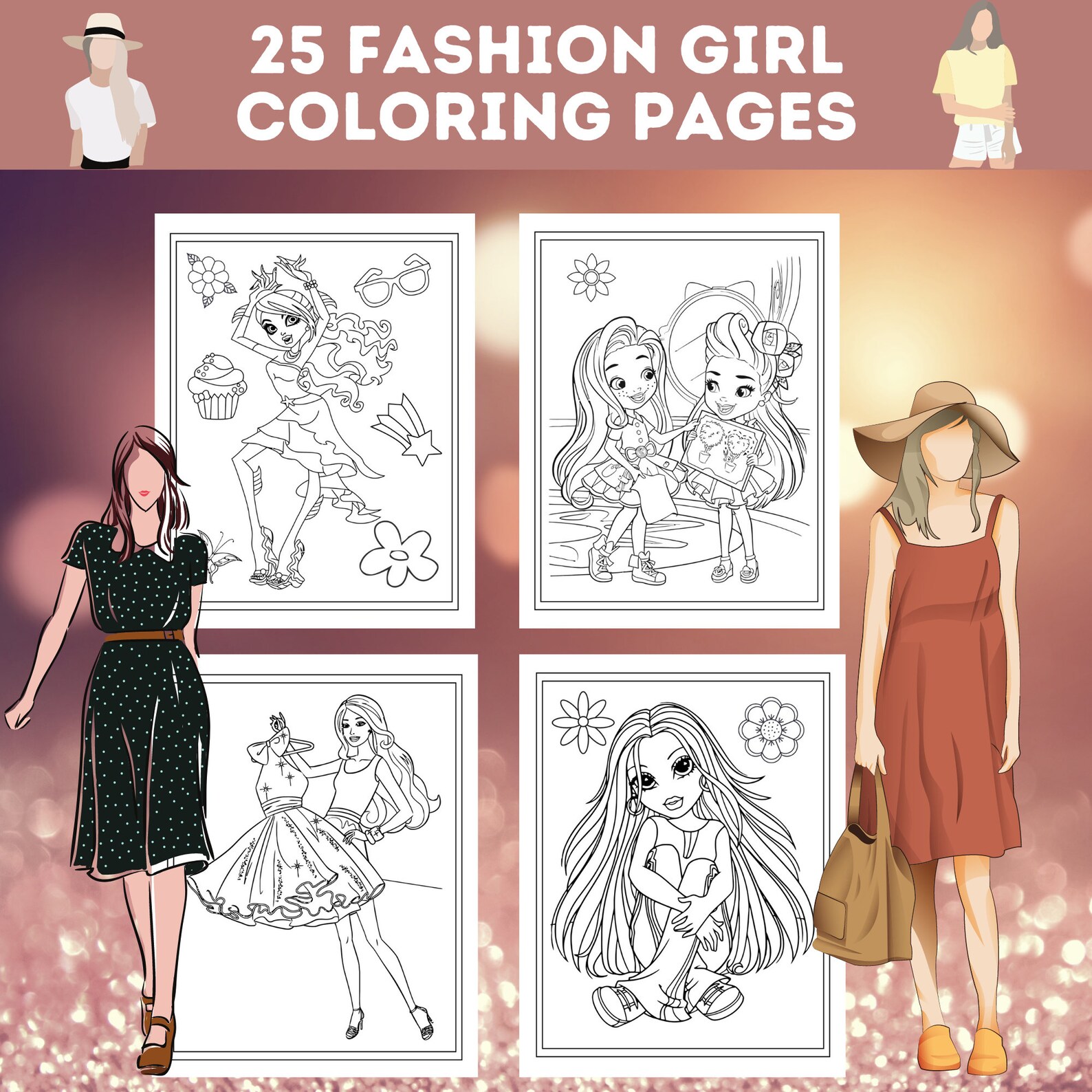 25 Fashion Girl Coloring Pages Bundle, Fashionista Girl Printables ...