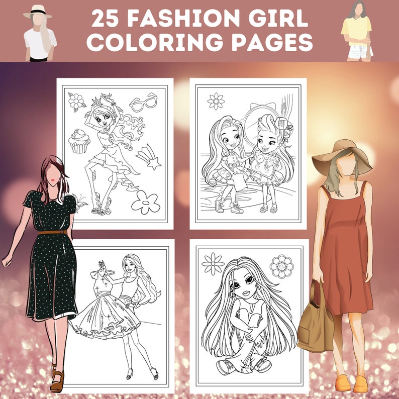 25 Fashion Girl Coloring Pages Bundle, Fashionista Girl Printables ...