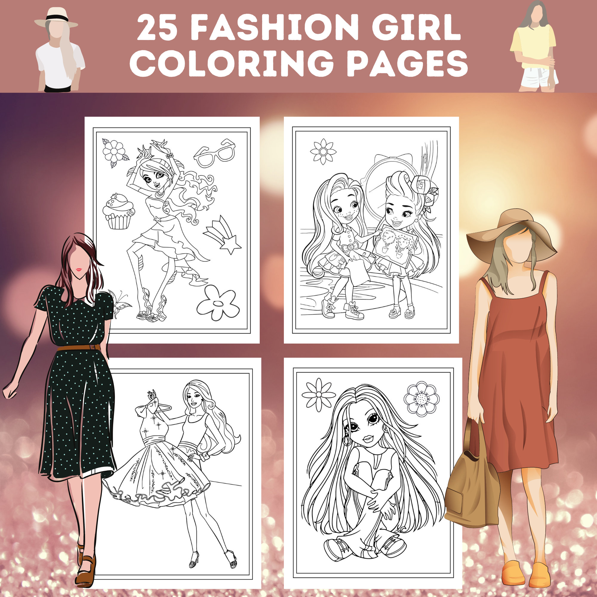 25 Fashion Girl Coloring Pages Bundle, Fashionista Girl Printables ...