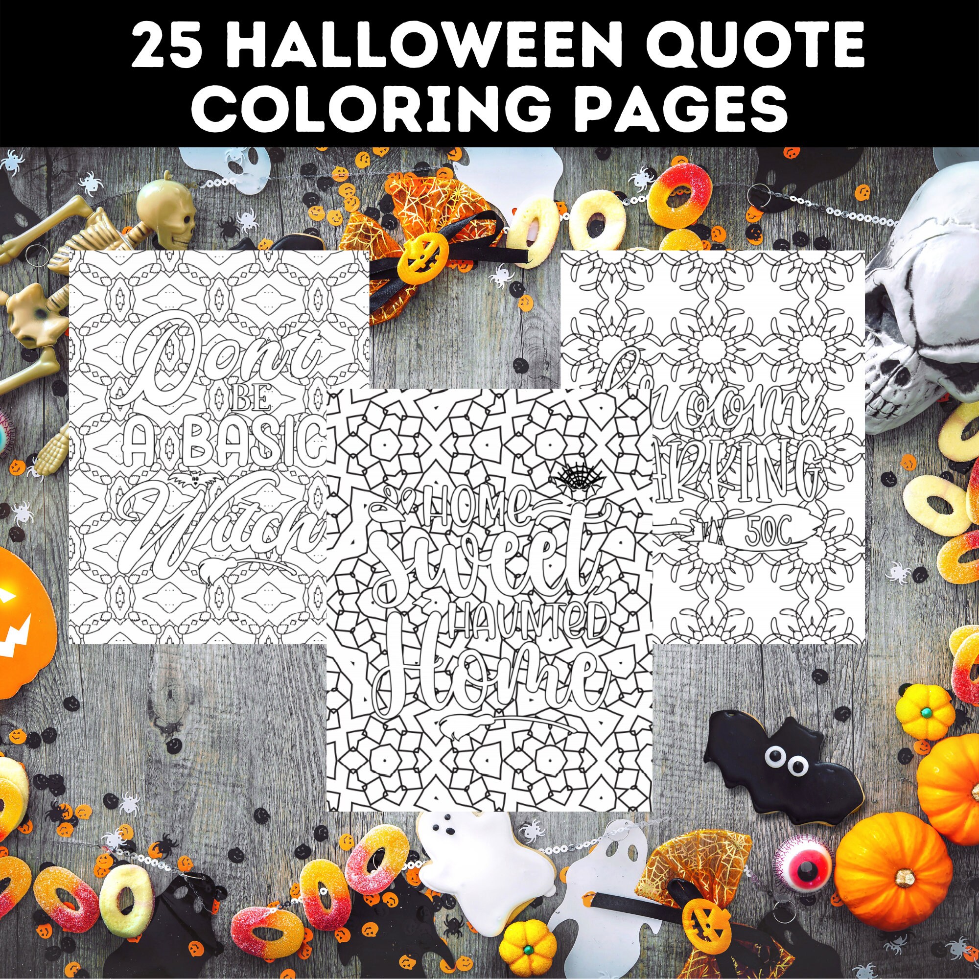 25 Halloween Quote Coloring Pages Bundle, Halloween Adult Coloring Book ...
