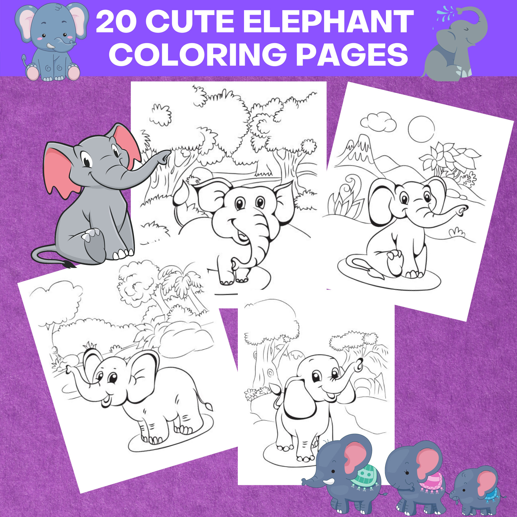 20 Printable Elephant Coloring Pages Bundle, Cute Elephant Printables ...