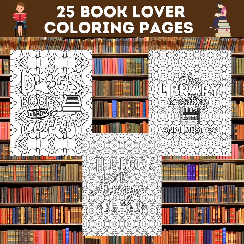 25 Book Lover Coloring Pages Bundle, I Love to Read Books Printable ...
