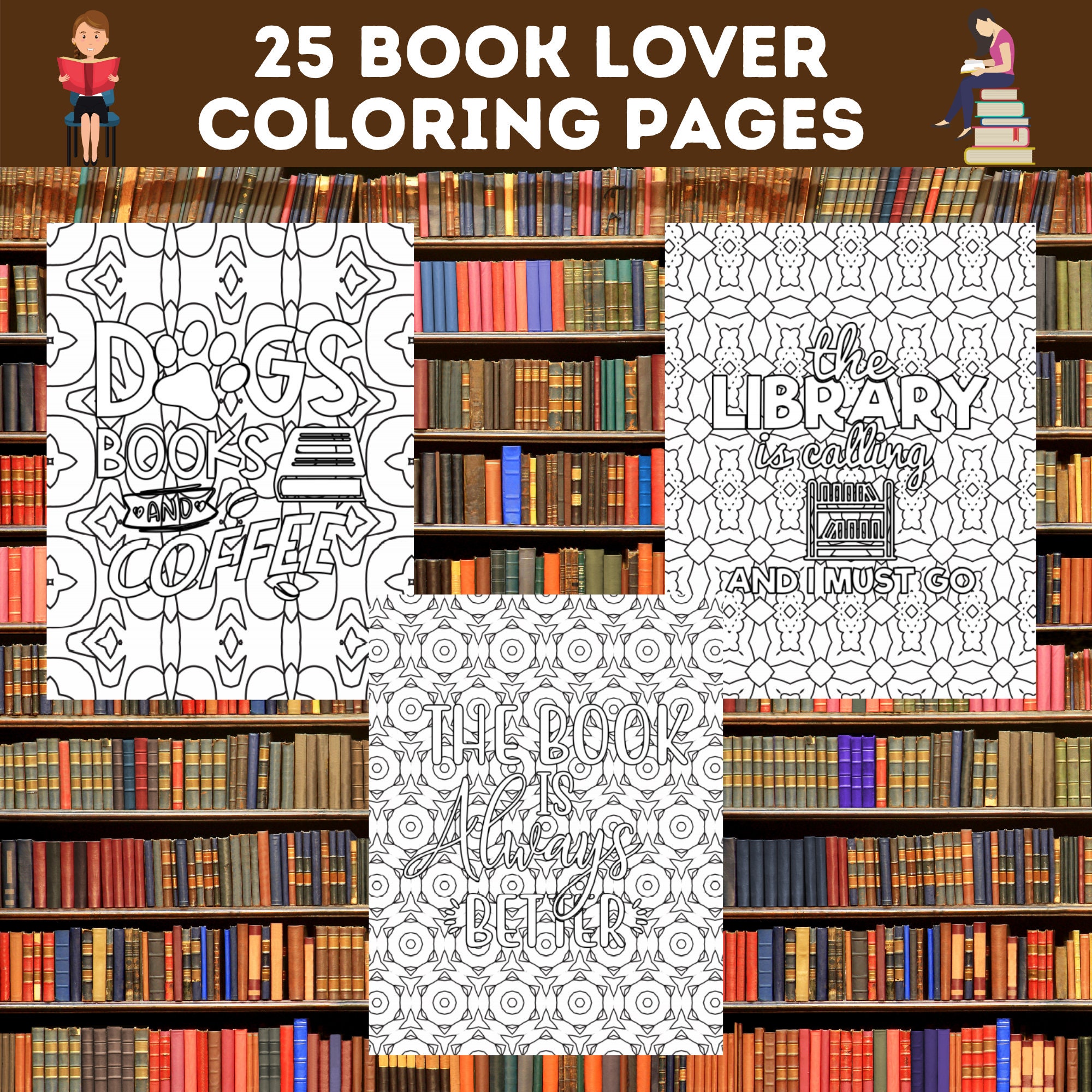 25 Book Lover Coloring Pages Bundle, I Love to Read Books Printable ...