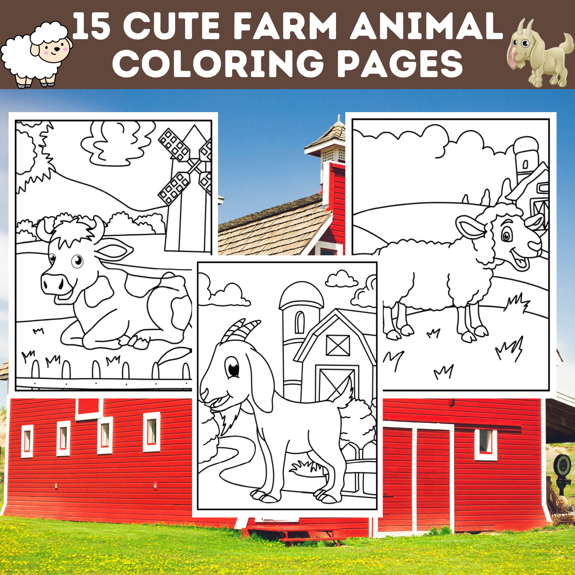 15 Cute Farm Animal Kids Coloring Pages Bundle, Cow, Horse, Pig, Goat ...